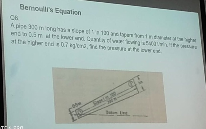 Solved Bernoulli's Equation Q8. A pipe 300 m long has a | Chegg.com