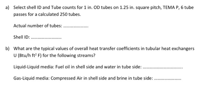 Solved a) Select shell ID and Tube counts for 1 in. OD tubes | Chegg.com