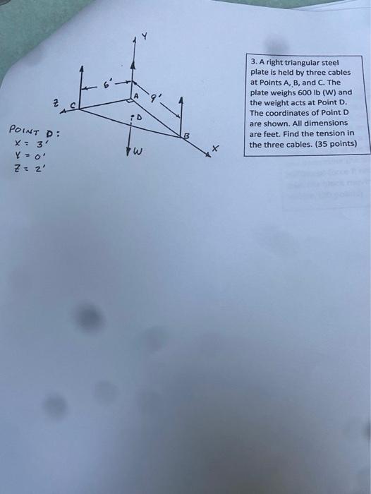 Solved 3. A right triangular steel plate is held by three | Chegg.com