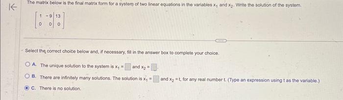 Solved The matrix below is the final matrix form for a | Chegg.com