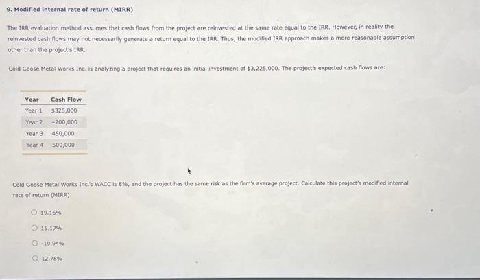 Solved 9. Modified internal rate of return (MIRR) The IRR | Chegg.com