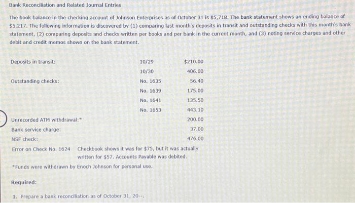 Solved Bank Reconciliation and Related Journal Entries The | Chegg.com