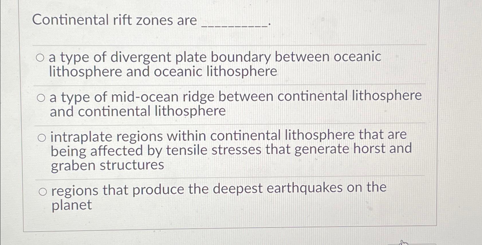Solved Continental rift zones area type of divergent plate | Chegg.com