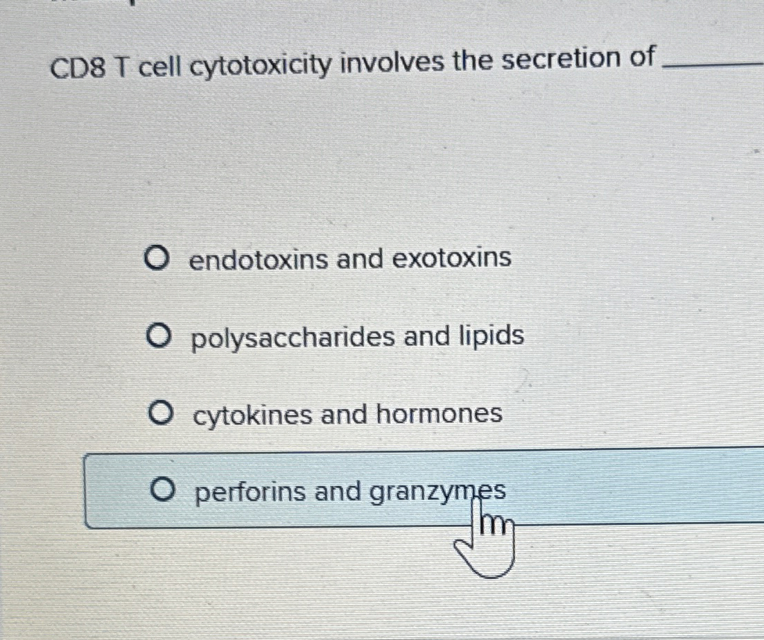 Solved CD8 ﻿T cell cytotoxicity involves the secretion of | Chegg.com