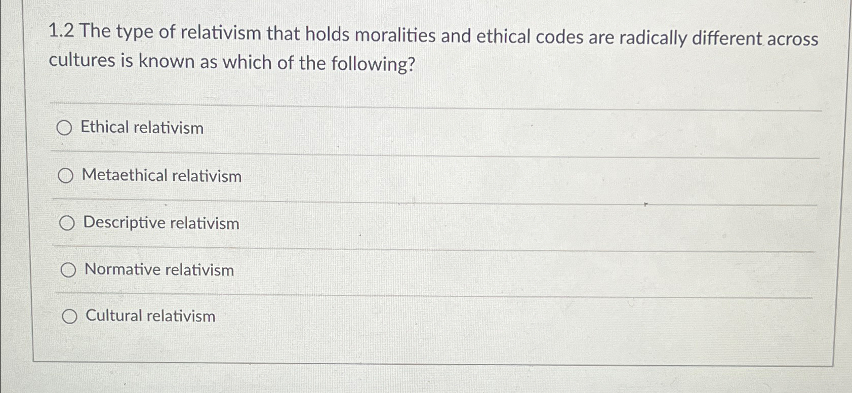 Solved 1.2 ﻿The type of relativism that holds moralities and | Chegg.com