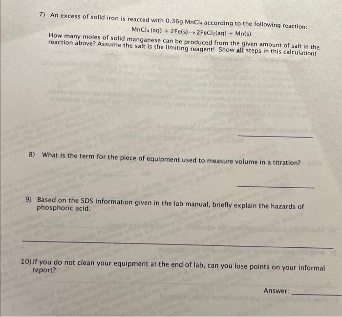 Solved 5) Calculate the molar mass of the MnCl4. 6) | Chegg.com