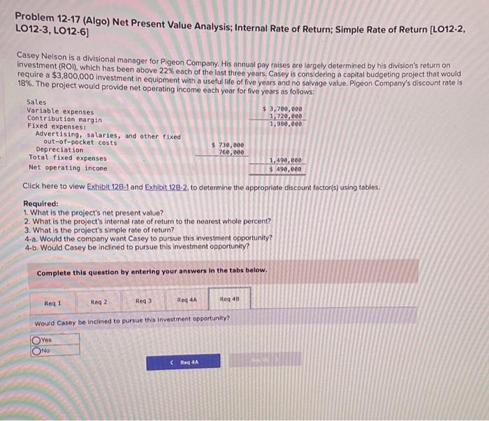 Solved Problem 12-17 (Algo) Net Present Value Analysis; | Chegg.com