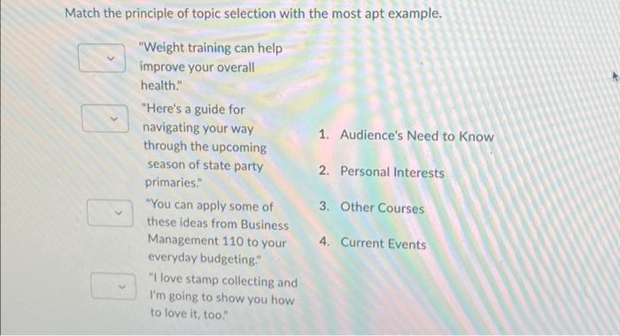 Match the principle of topic selection with the most | Chegg.com