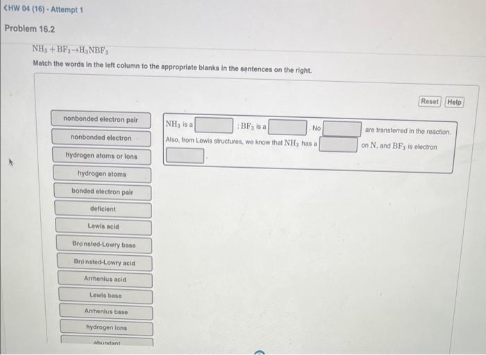 Solved NH3+BF3→H3NBF3 Match the words in the left column to | Chegg.com