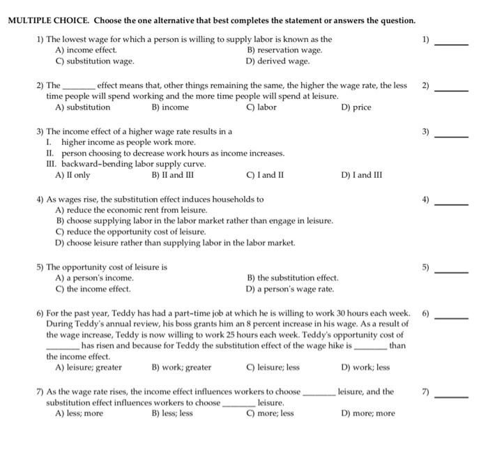 Solved MULTIPLE CHOICE. Choose the one alternative that best | Chegg.com