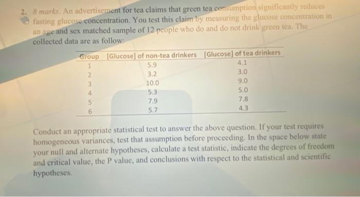 Solved 2. 8 marks. An advertisement for tea claims that | Chegg.com