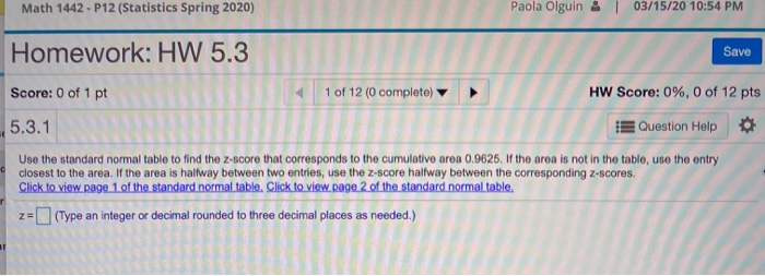Solved Math 1442 - P12 (Statistics Spring 2020) Paola Olguin | Chegg.com