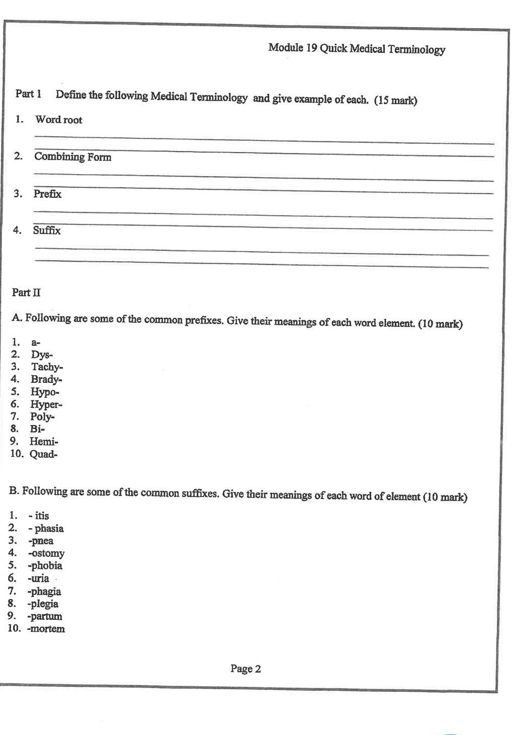 Solved Module 19 Quick Medical Terminology Part 1 Define the | Chegg.com