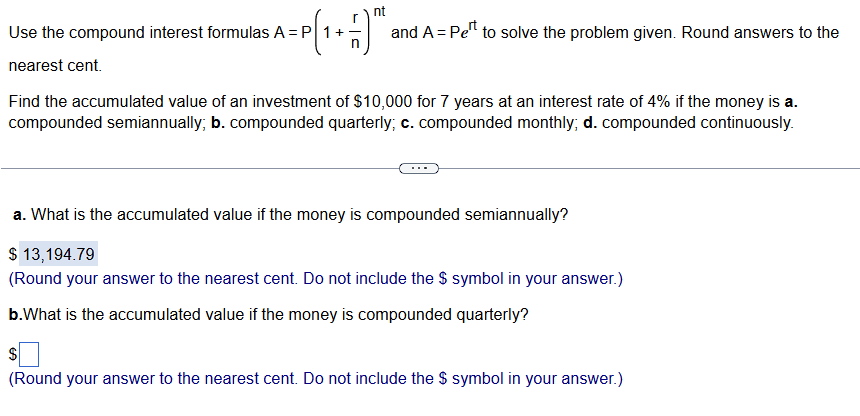 Solved Use the compound interest formulas | Chegg.com