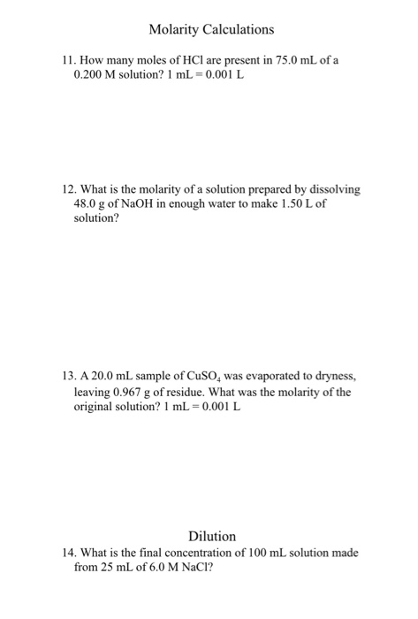 Solved Molarity Calculations 11. How many moles of HCl are | Chegg.com
