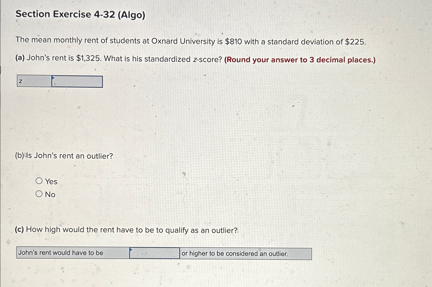 Solved Section Exercise 4-32 (Algo)The mean monthly rent of | Chegg.com