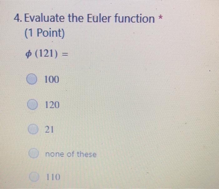 Solved 4. Evaluate the Euler function (1 Point) 0 (121) = | Chegg.com