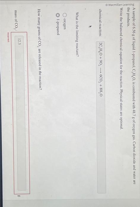 Solved A sample of 6.56 g of liquid 1-propanol, C3H8O, is | Chegg.com