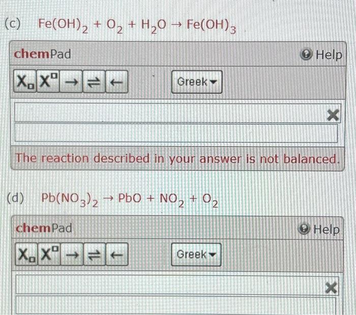 Solved Fe(OH)2+O2+H2O→Fe(OH)3 emPad xa→⇌← | Chegg.com