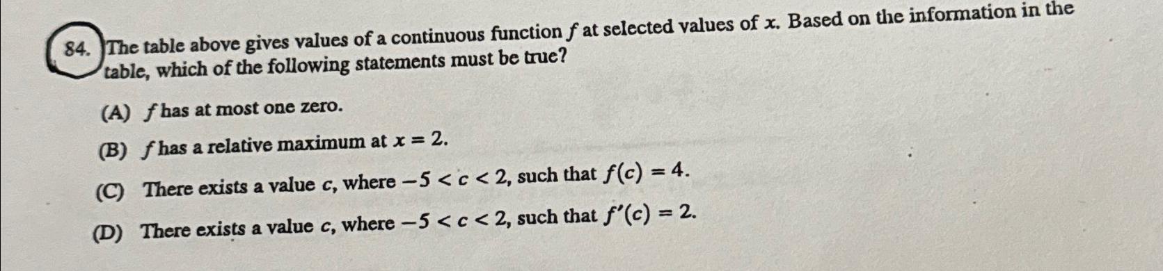 The table above gives values of a continuous function | Chegg.com