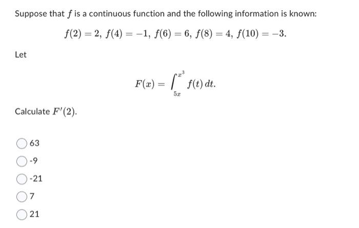 Solved Suppose that f is a continuous function and the | Chegg.com