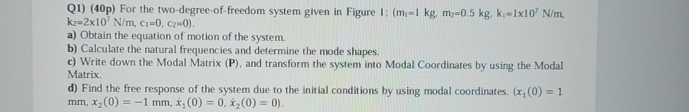 Solved Q1) ( 40p ) ﻿For the two-degree-of-freedom system | Chegg.com