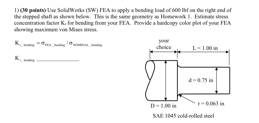 Solved (30 ﻿points) ﻿Use SolidWorks (SW) ﻿FEA to apply a | Chegg.com