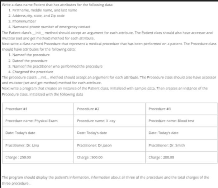 Solved Write a class name Patient that has attributes for | Chegg.com