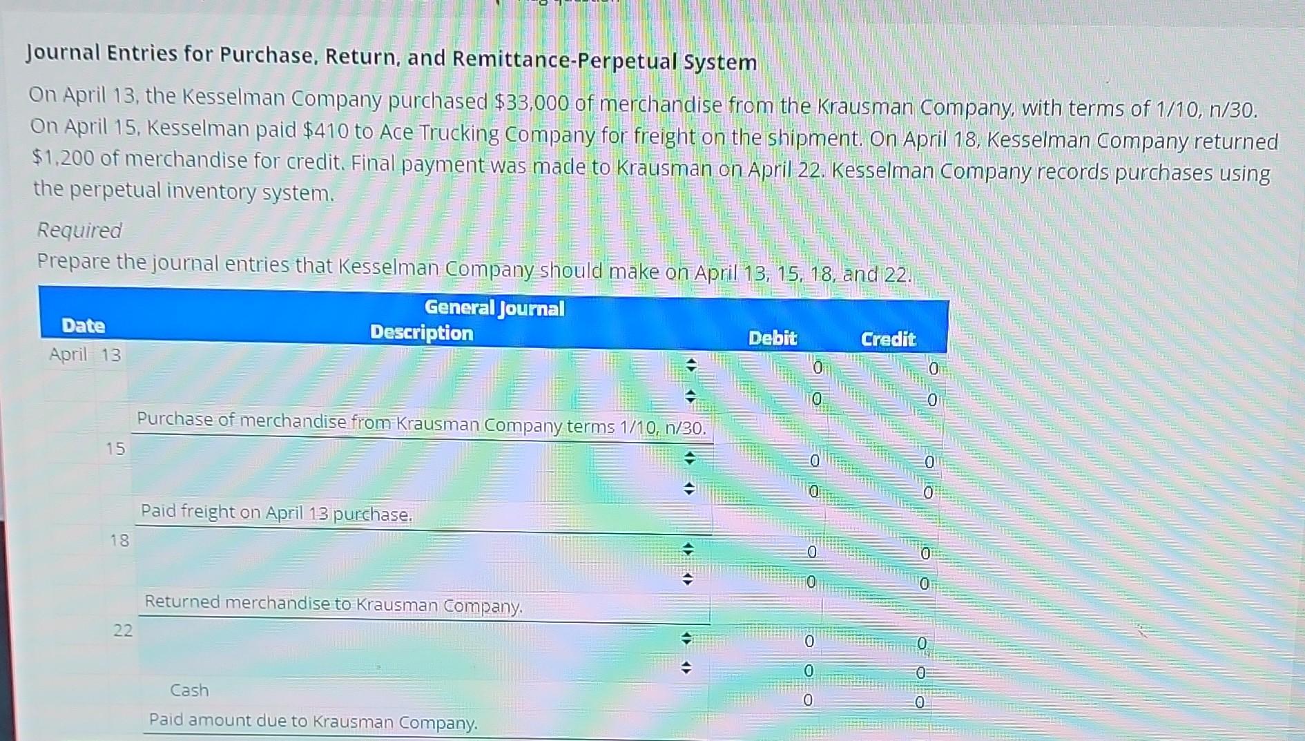 Solved Journal Entries for Purchase, Return, and | Chegg.com