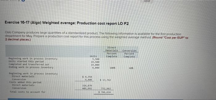 Solved Exercise 16 17 Algo Weighted Average Production Chegg