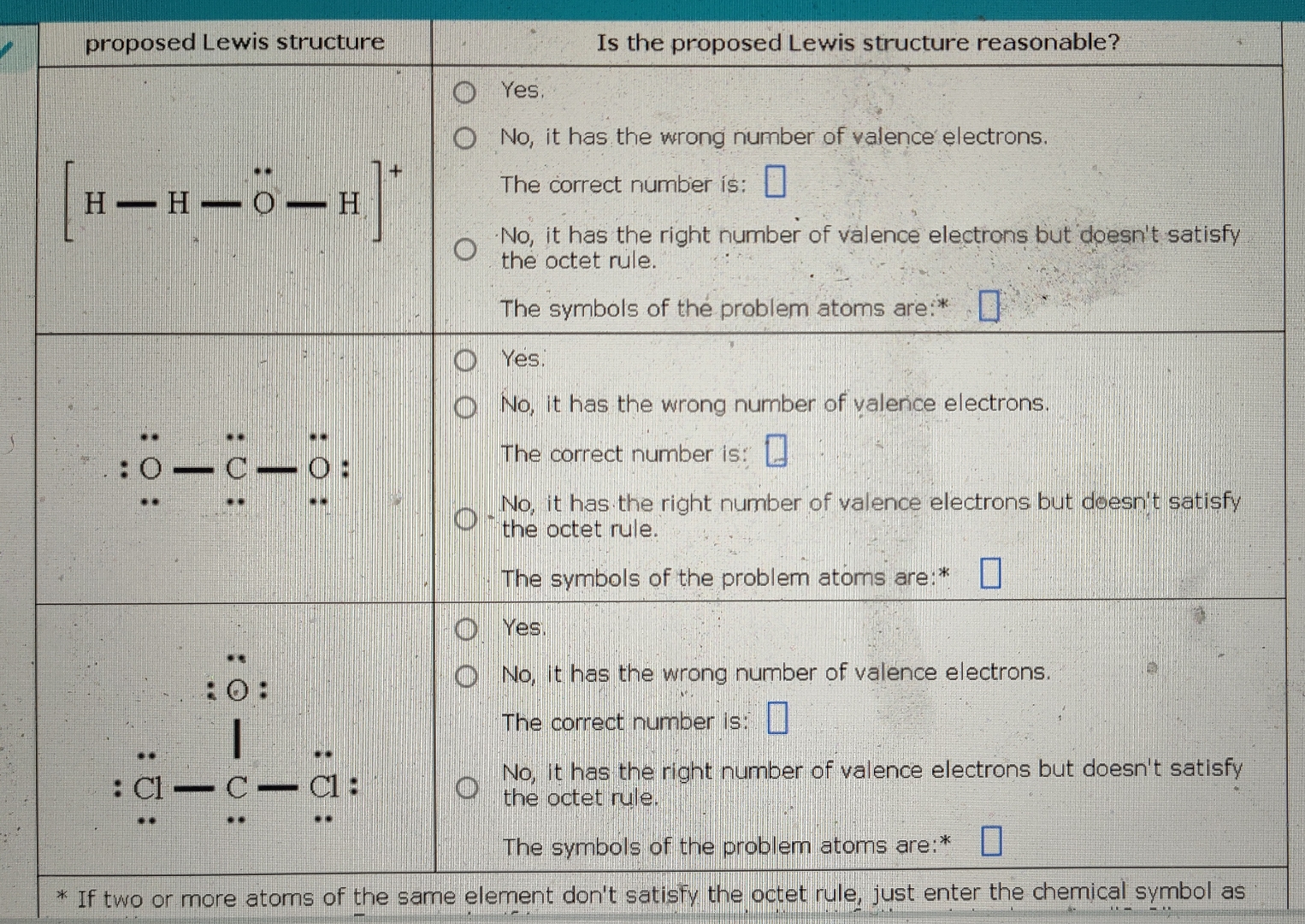 \table[[proposed Lewis structure,Is the proposed | Chegg.com