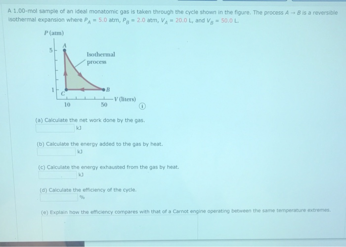 Solved A 1.00-mol sample of an ideal monatomic gas is taken | Chegg.com
