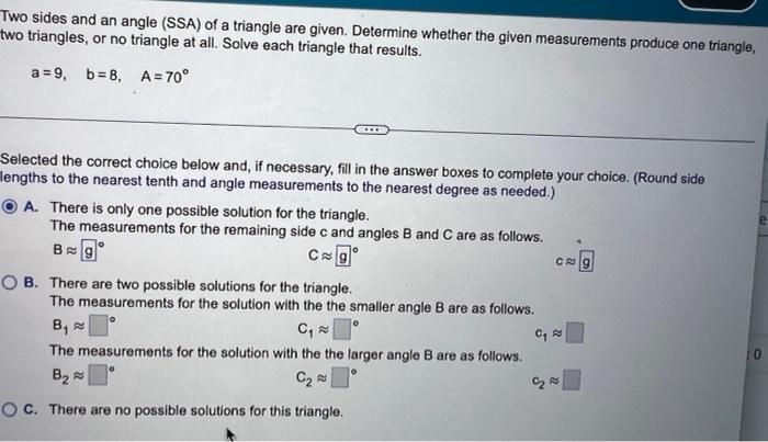 Solved Two sides and an angle (SSA) of a triangle are given. | Chegg.com