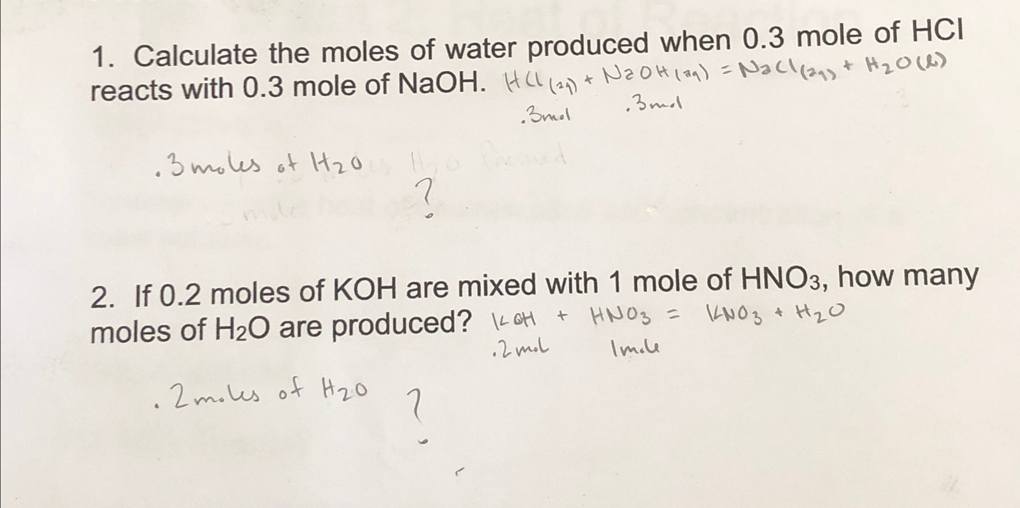 Solved 1. ﻿Calculate the moles of water produced when 0.3 | Chegg.com