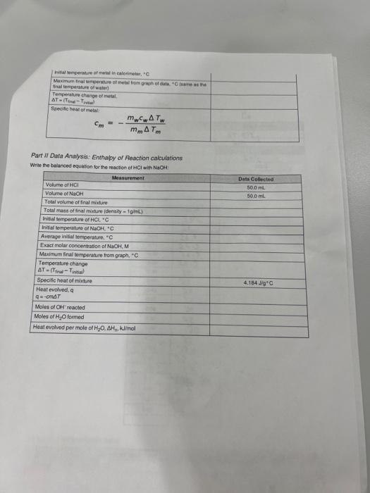 Solved Table 2: Time and Tenperahus, Swecific Heat of Matal | Chegg.com