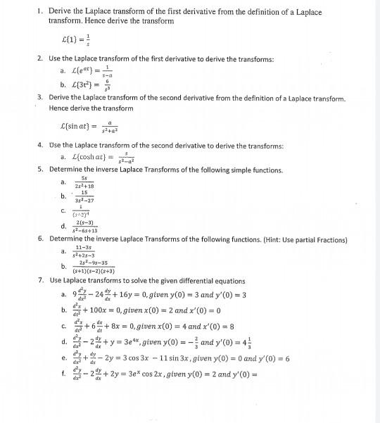 Solved 1. Derive the Laplace transform of the first | Chegg.com