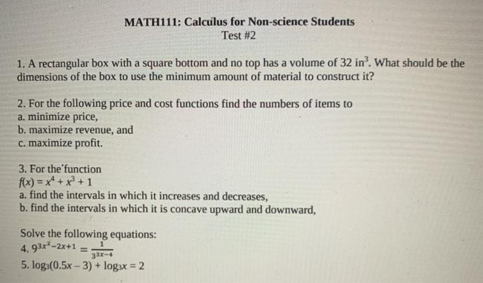 Solved MATH111: Calculus for Non-science Students Test #2 1. | Chegg.com