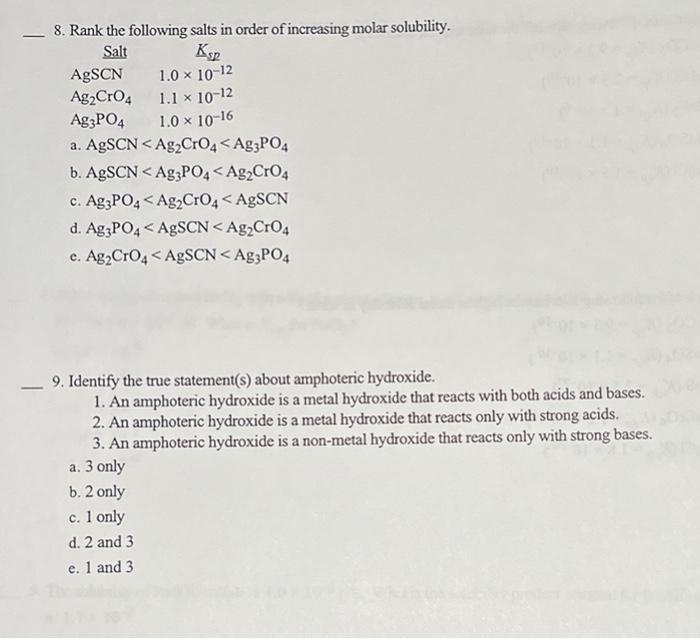 Solved 8. Rank the following salts in order of increasing | Chegg.com