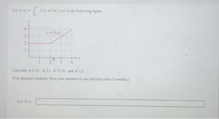 Solved Let A(x)=∫0xf(t)dt for f(x) in the following figure. | Chegg.com Solved Let A(x)=∫0xf(t)dt for f(x) in the following figure. | Chegg.com
