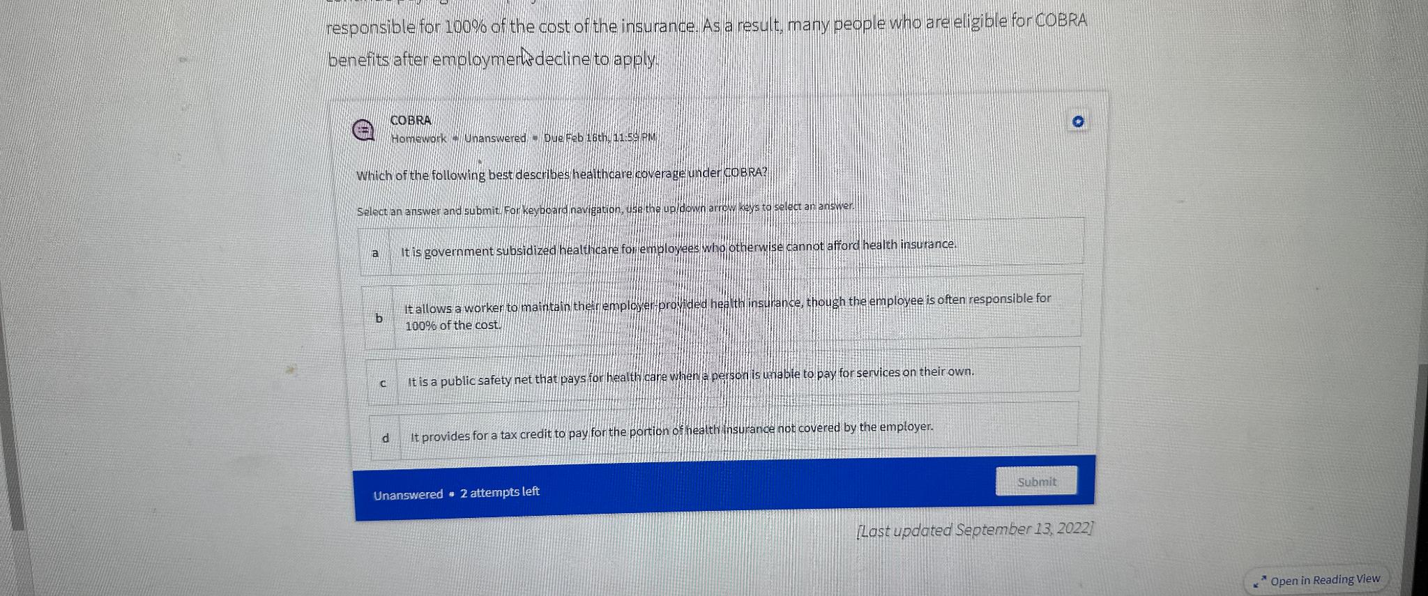 Solved responsible for 100% ﻿of the cost of the insurance. | Chegg.com