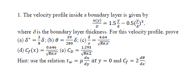 Solved The velocity profile inside a boundary layer is given | Chegg.com