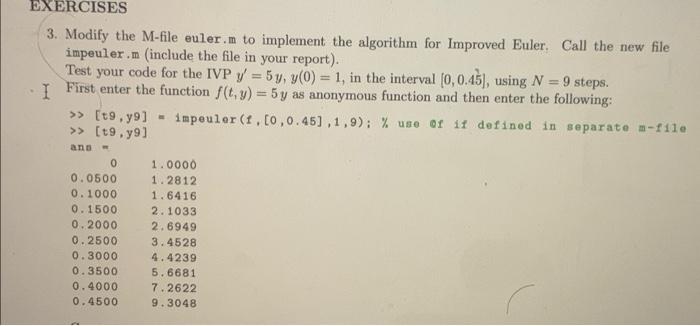 Solved EXERCISES 3. Modify the M-file euler.m to implement | Chegg.com Solved EXERCISES 3. Modify the M-file euler.m to implement | Chegg.com
