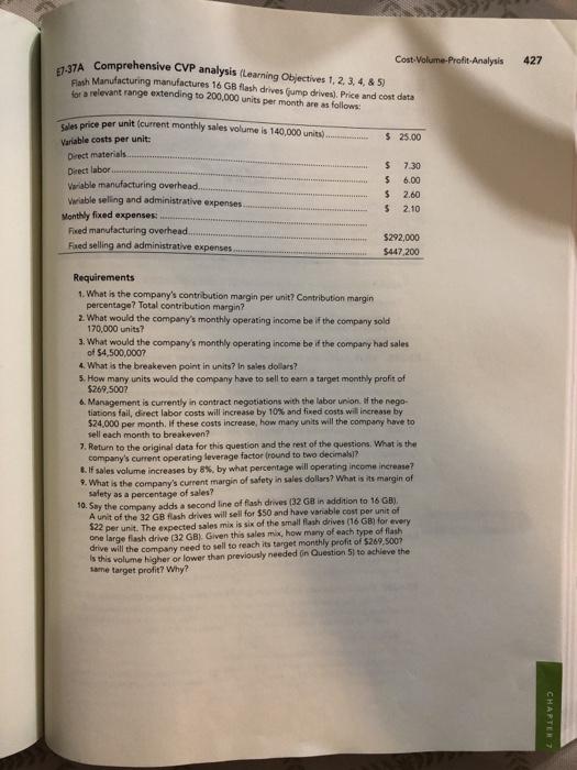 Solved E7-37A Comprehensive CVP analysis Learning Objectives | Chegg.com