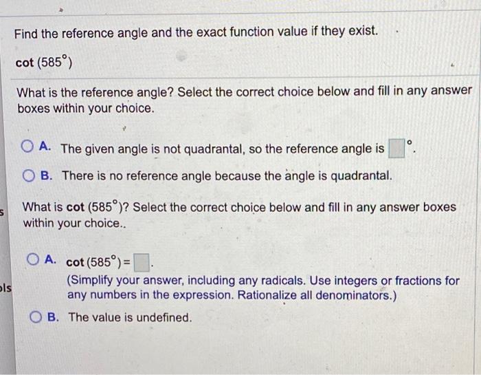 Solved Find the reference angle and the exact function value | Chegg.com