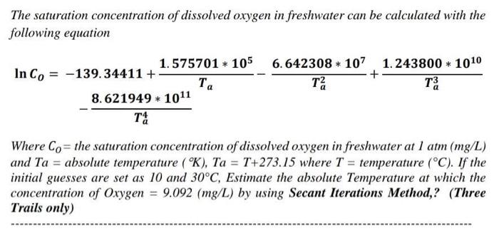 Solved The saturation concentration of dissolved oxygen in | Chegg.com