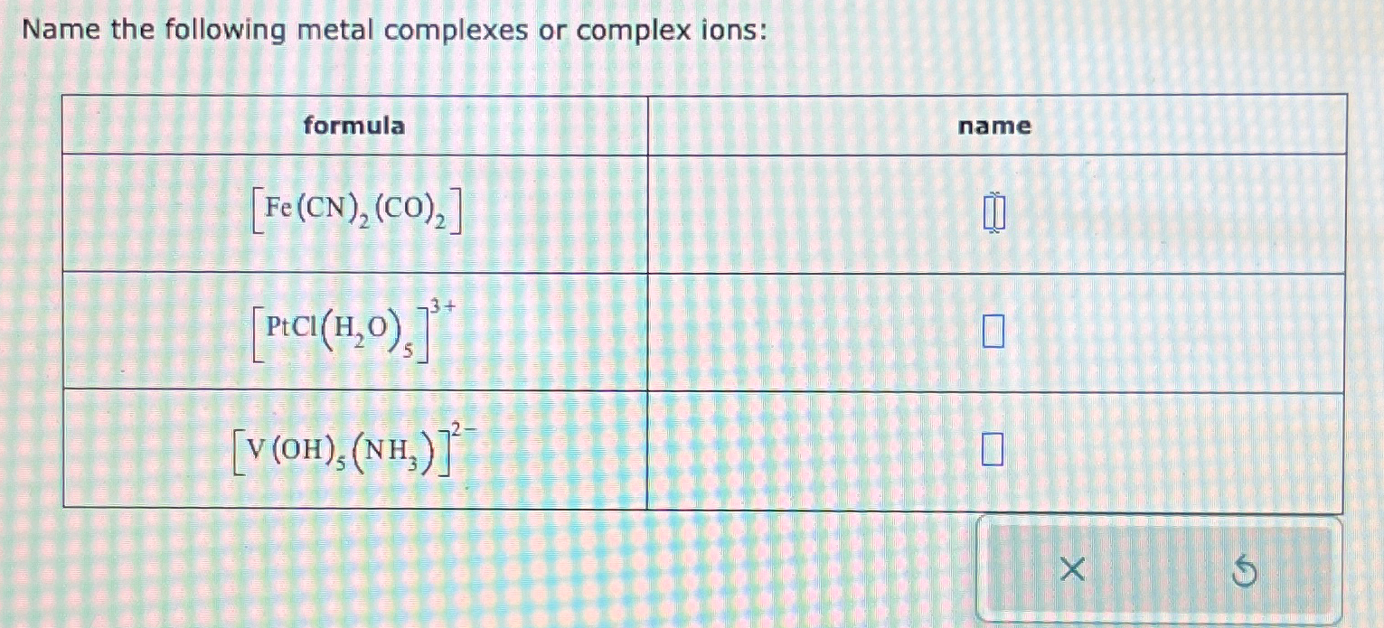 Solved Name the following metal complexes or complex | Chegg.com