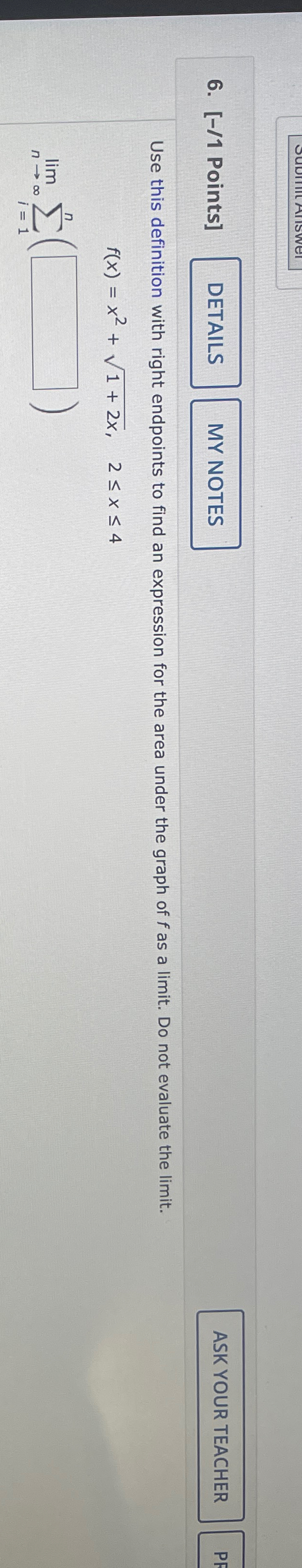 Solved [-/1 ﻿Points]Use this definition with right endpoints | Chegg.com