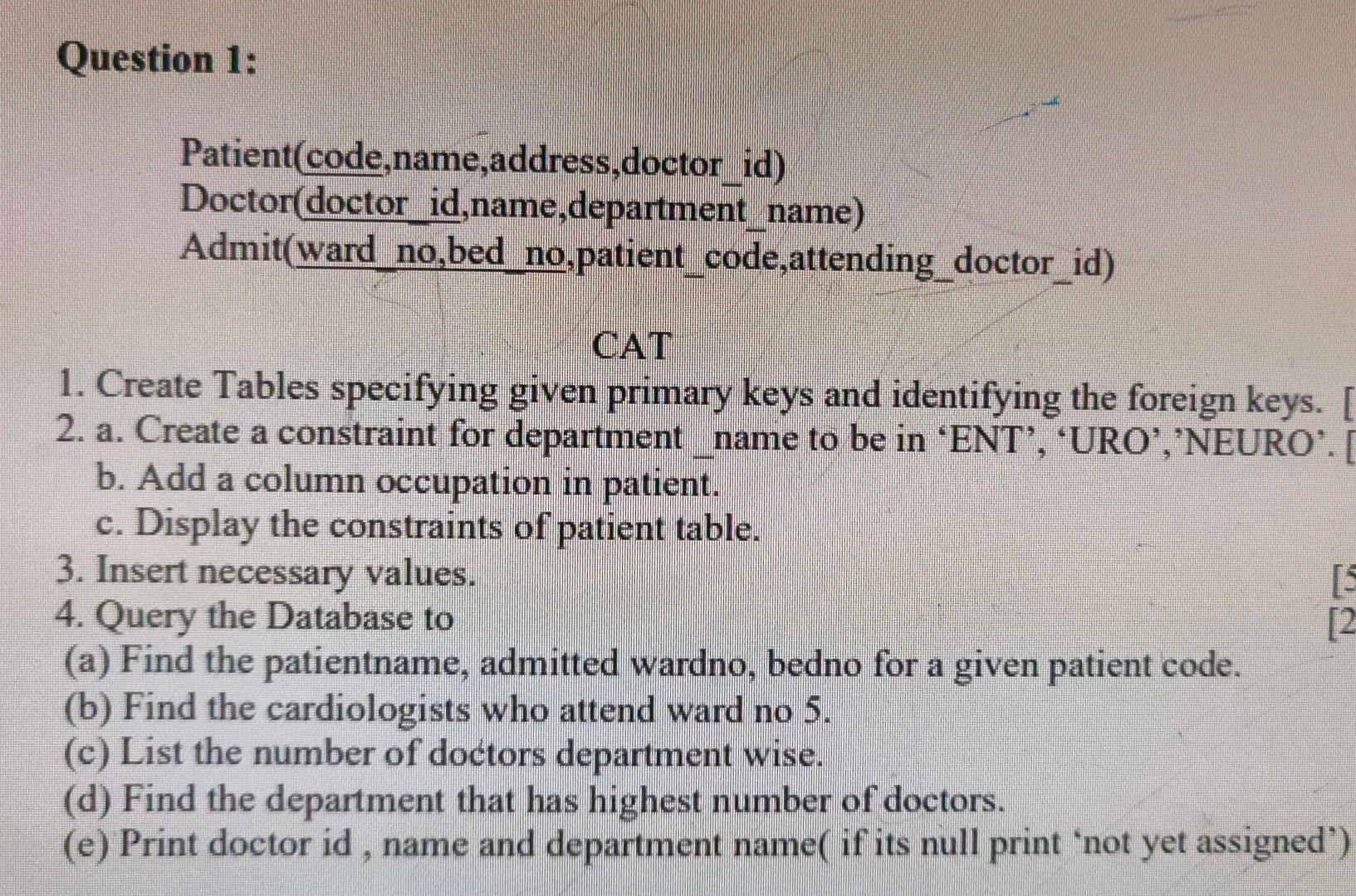 Solved Patient(code,name,address,doctor_id) Doctor(doctor | Chegg.com