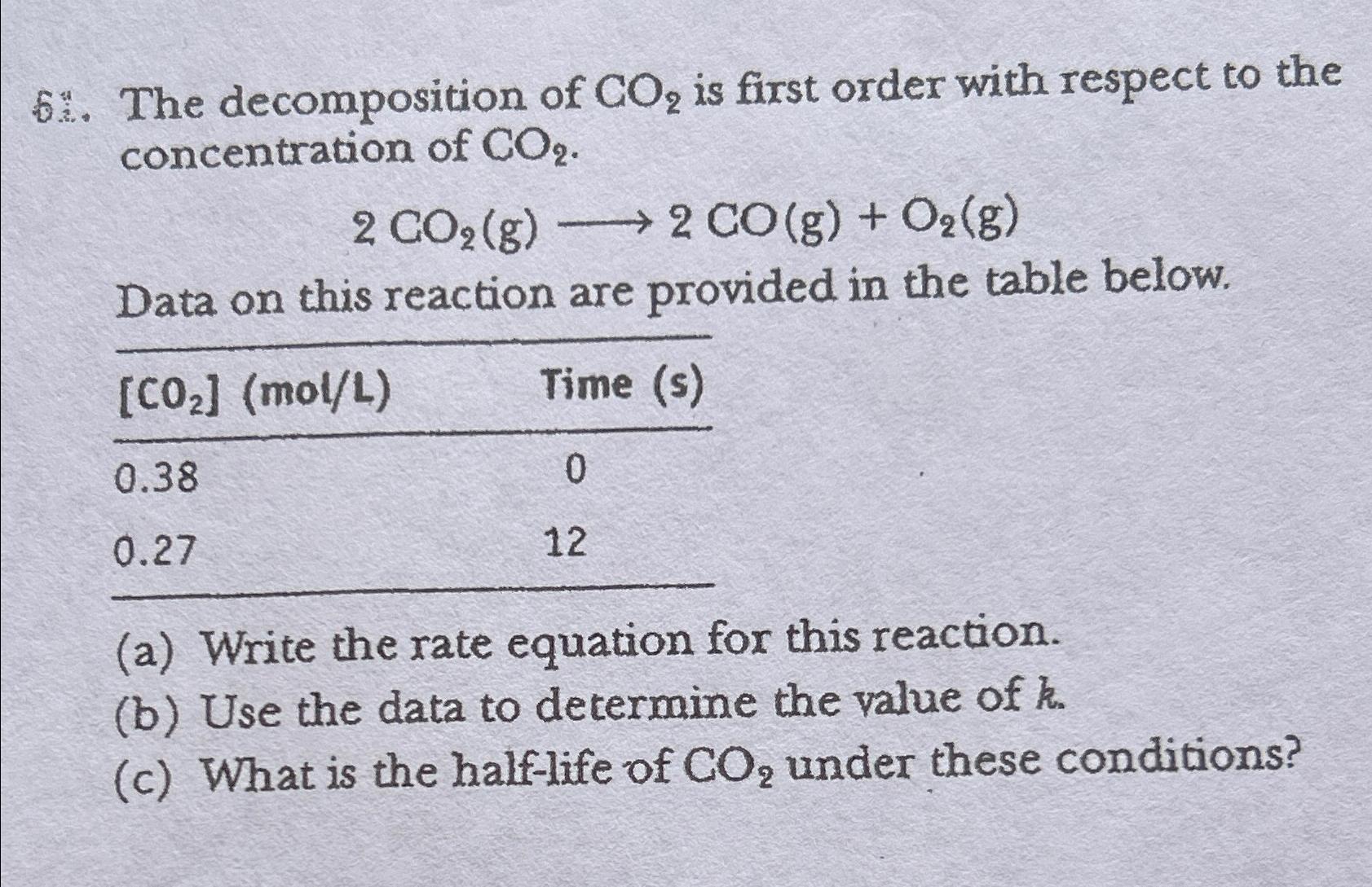 Solved 6.. ﻿The decomposition of CO2 ﻿is first order with | Chegg.com