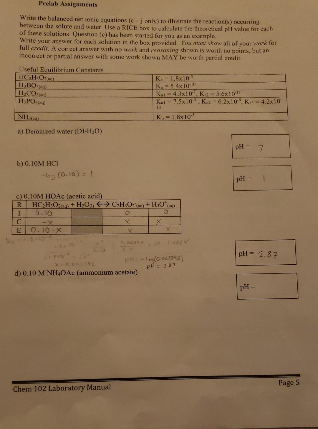 Solved Prelab Assignments a Write the balanced net ionic | Chegg.com